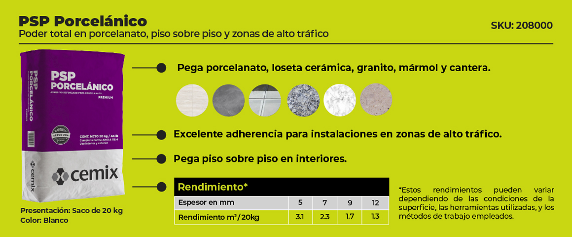 Pegamento PSP Porcelánico Cemix 20 Kg - Sodimac.com.mx